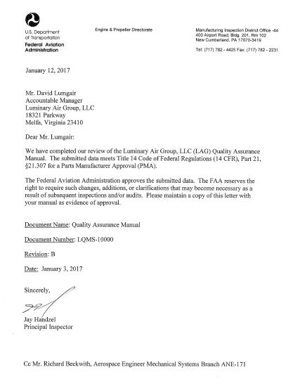 FAA issues Quality Manual Approval and PMA to Luminary Air Group ...